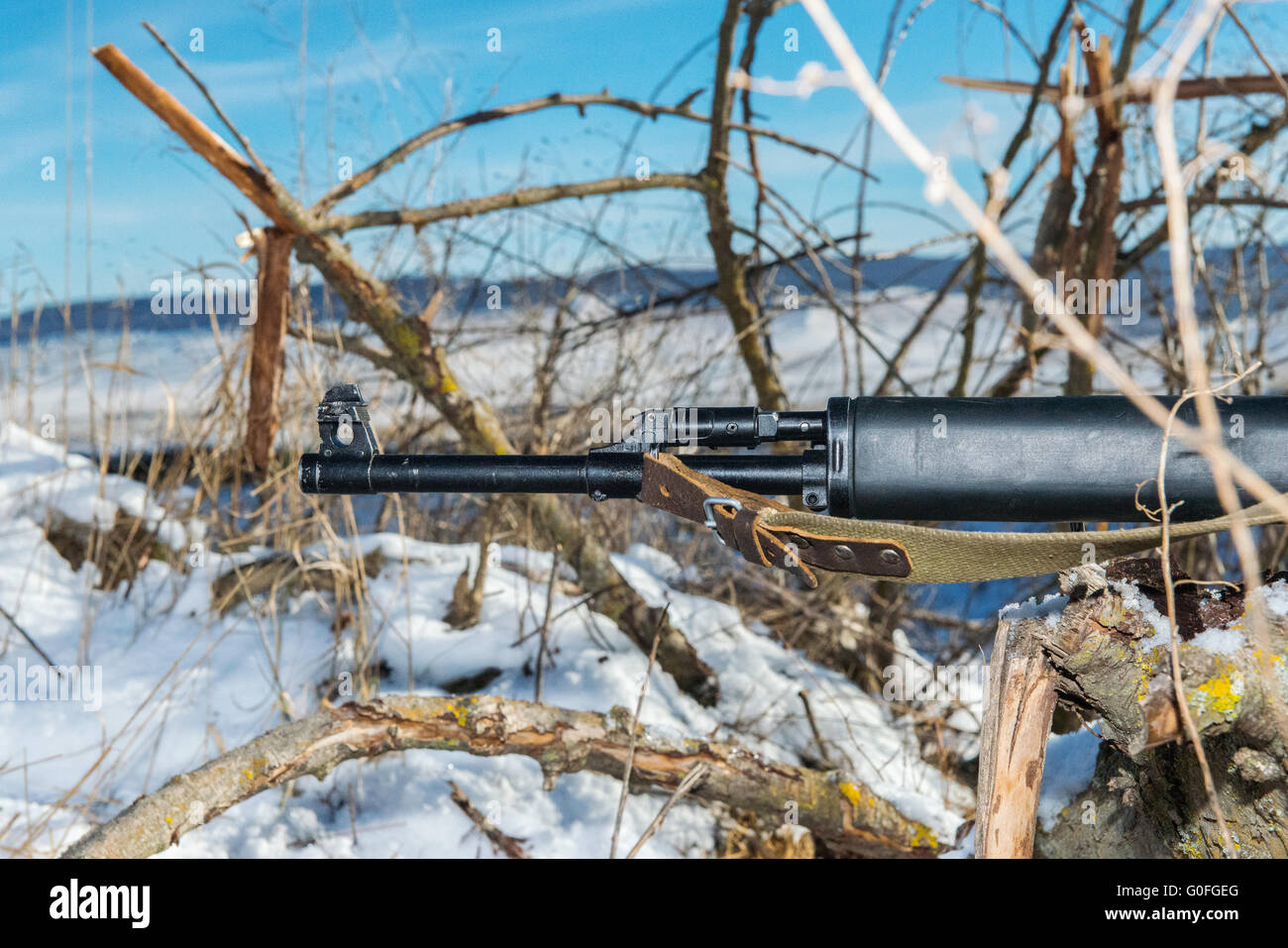 soldier or sniper holding gun with virtual screen projection and aiming ...