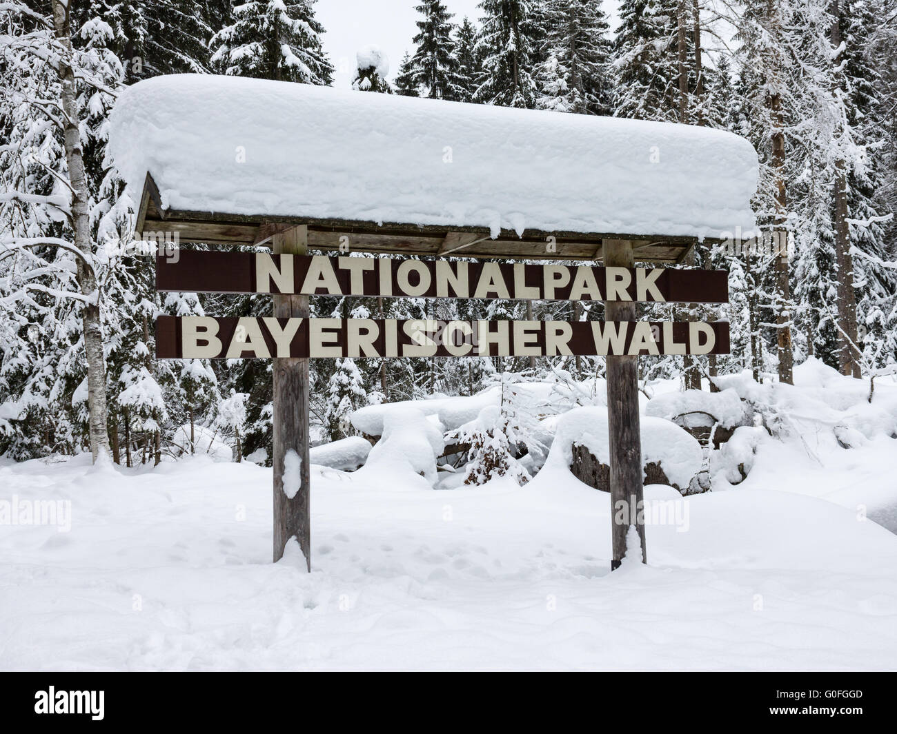 Sign Bavarian Forest with snow Stock Photo - Alamy