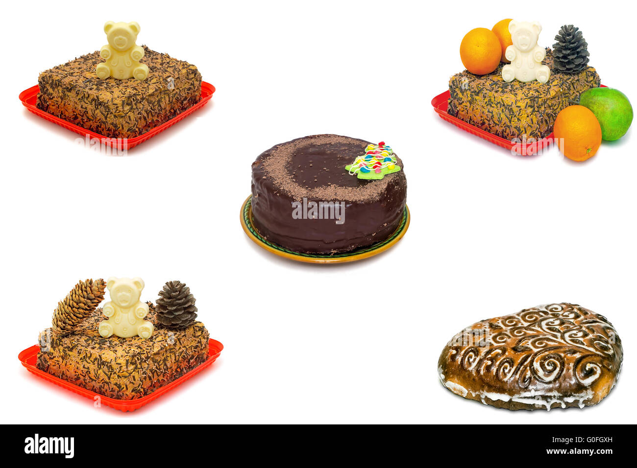 Chocolate cake and fruit on white background ( collage Stock Photo - Alamy