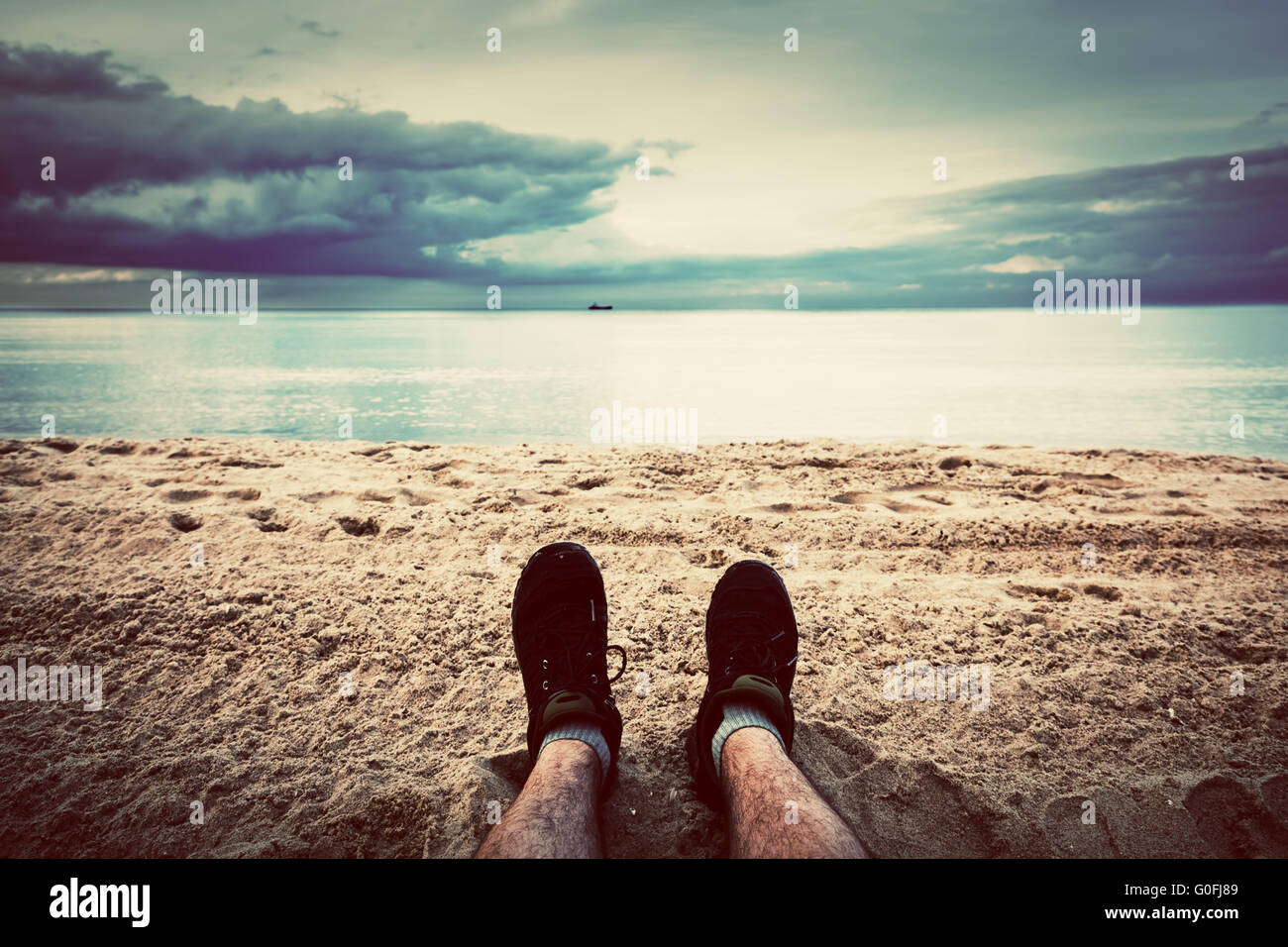 First person perspective of man legs on the autumn beach. Vintage Stock ...