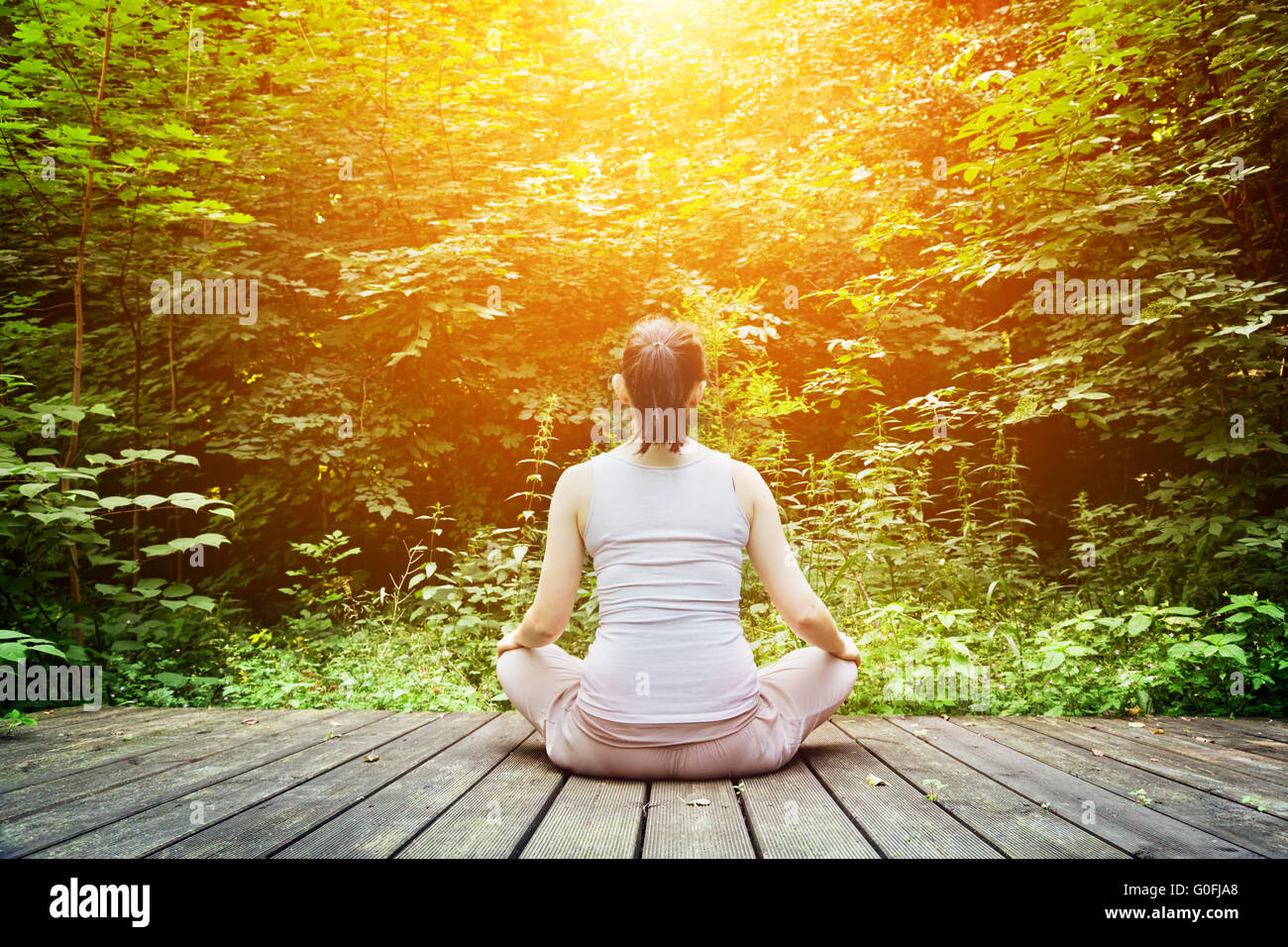 Young woman meditating in a forest sitting on a wooden floor. Zen Stock ...