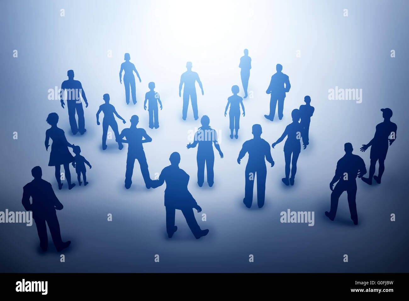 Group of various people silhouettes standing and looking towards light ...