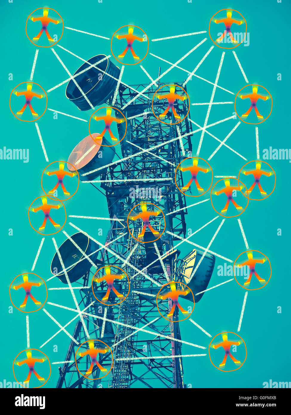 A signal receiving tower of television with Human Network, Concept ...