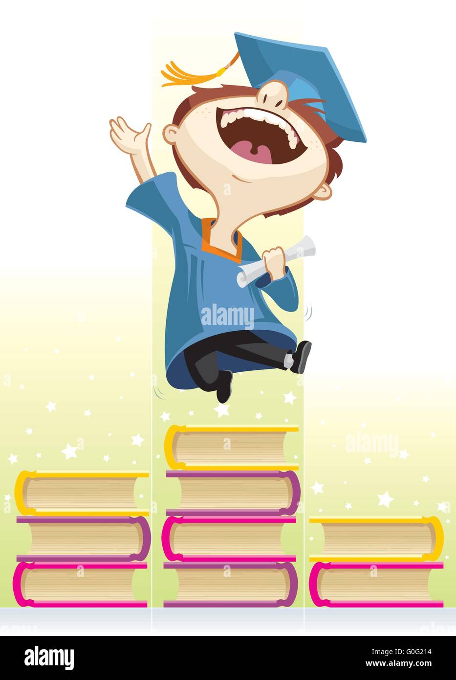 Happy cute cartoon style graduate on top of pile of books, celebrate ...