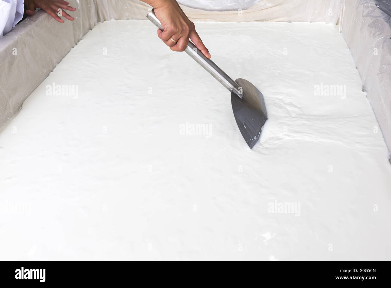 Cheese production creamery dairy worker mixing Stock Photo - Alamy