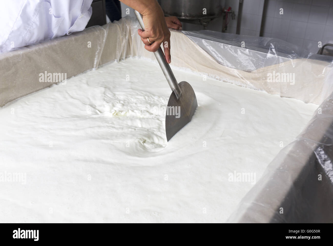 Cheese production creamery dairy worker mixing Stock Photo - Alamy