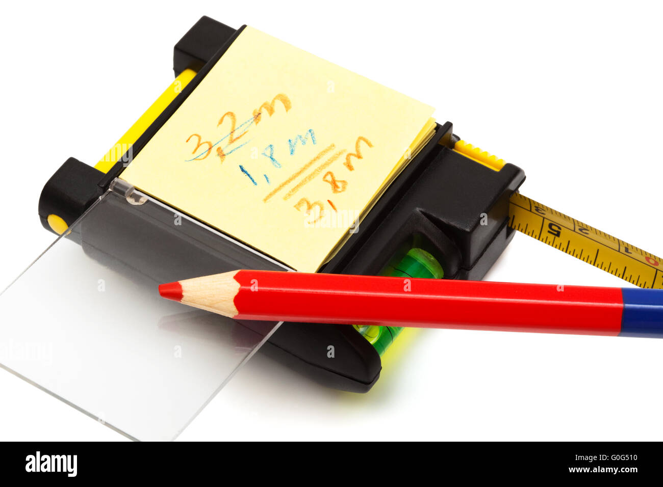 Modern tape measure with the level on a white background Stock Photo ...