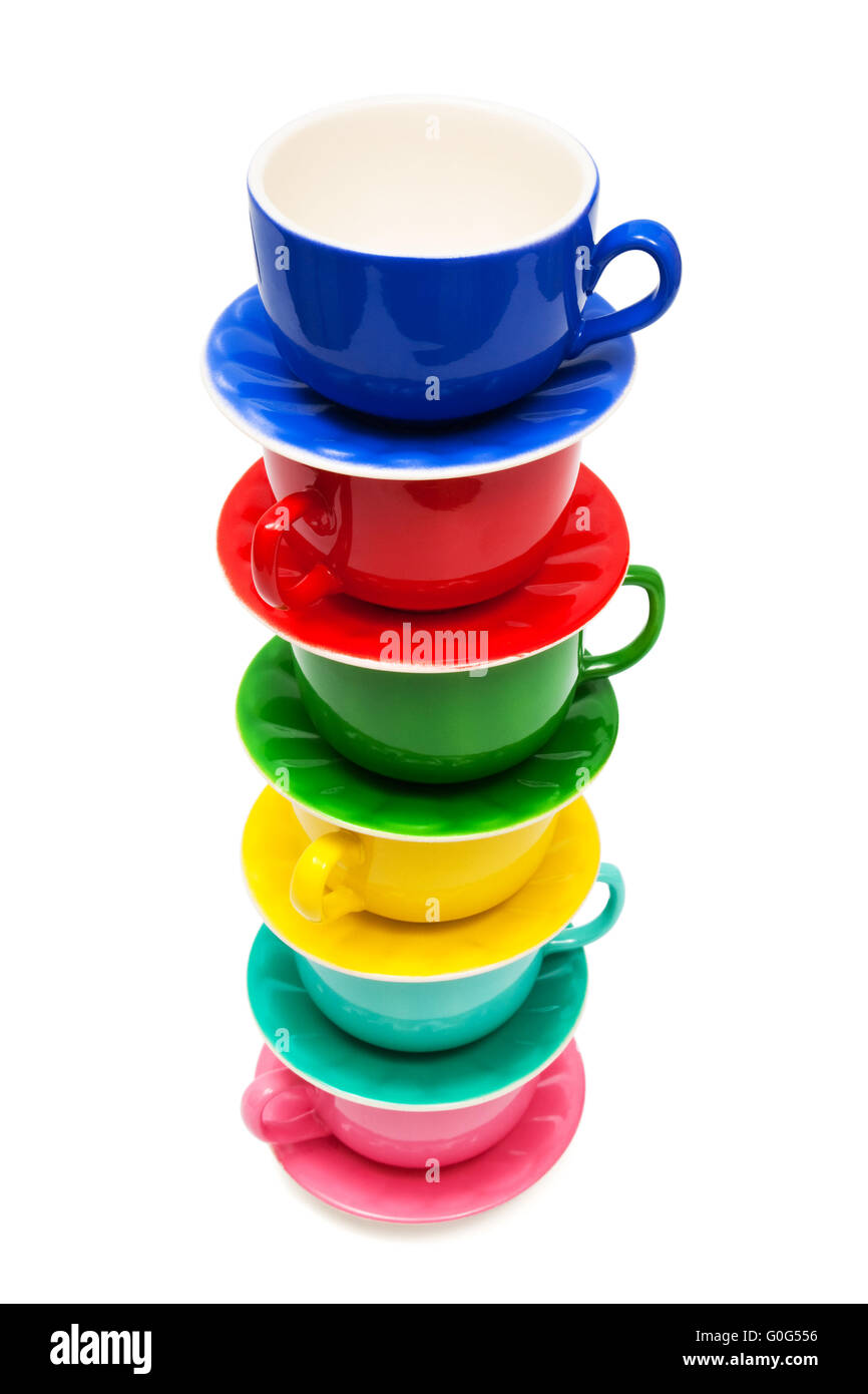 Beautiful color cups on a white background Stock Photo - Alamy