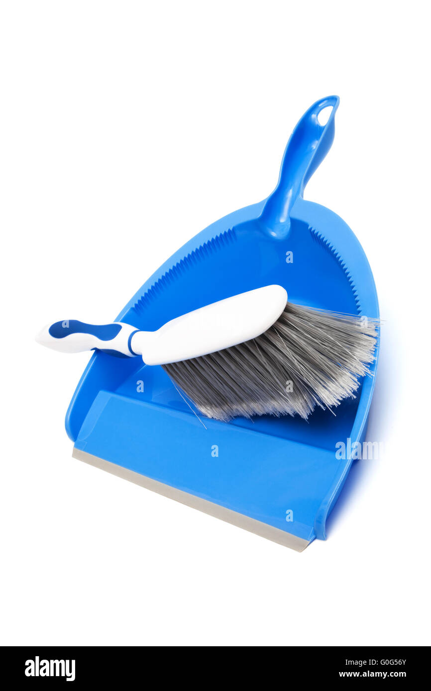 blue dustpan and brush on a white background Stock Photo - Alamy