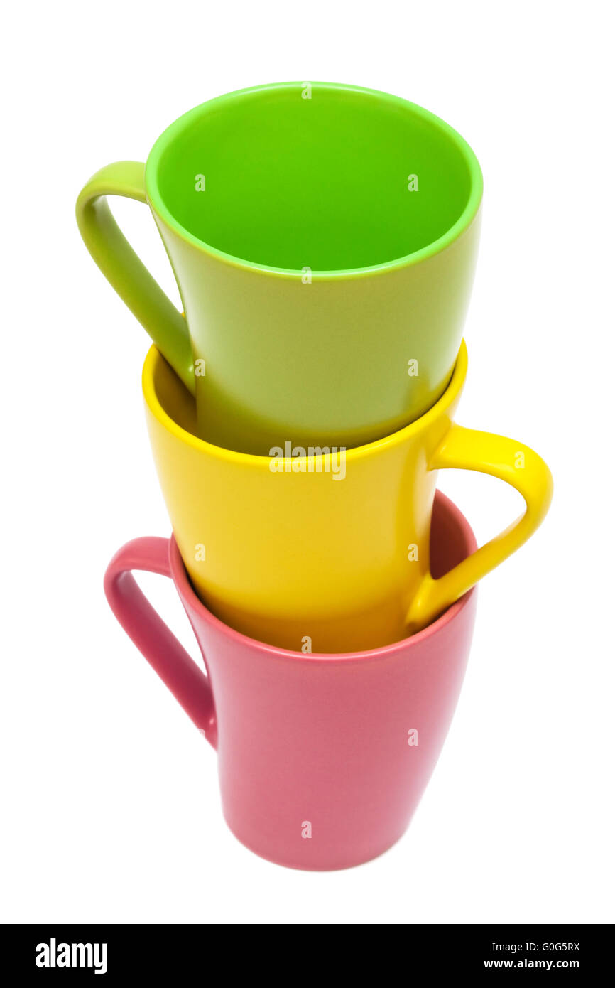 Three coffee cups on a white background Stock Photo - Alamy