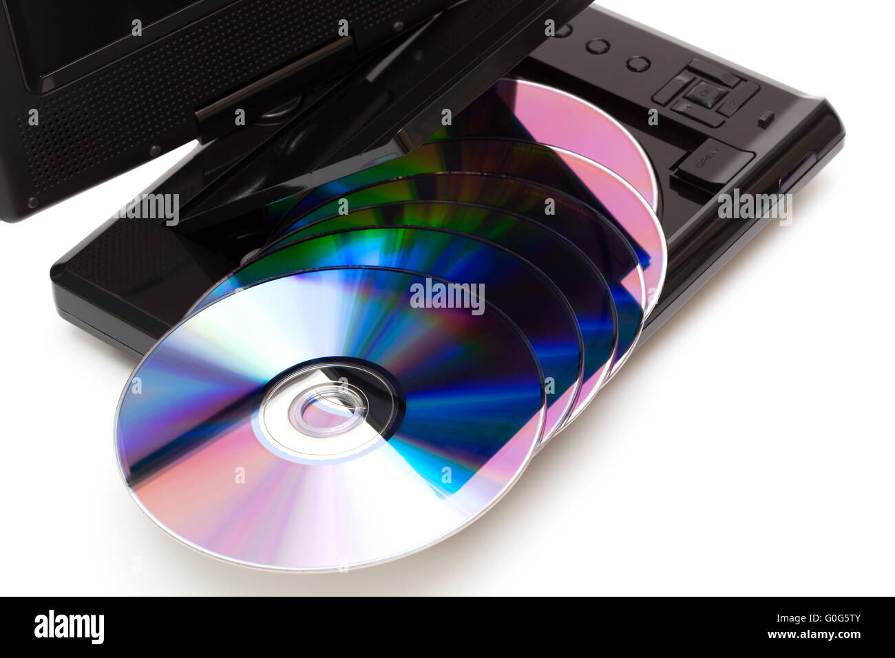TV with a dvd disks on a white background Stock Photo - Alamy