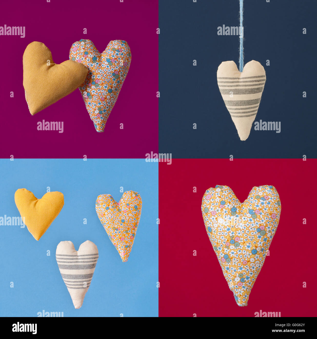 Collage of four colorful squares with fabric hearts Stock Photo - Alamy