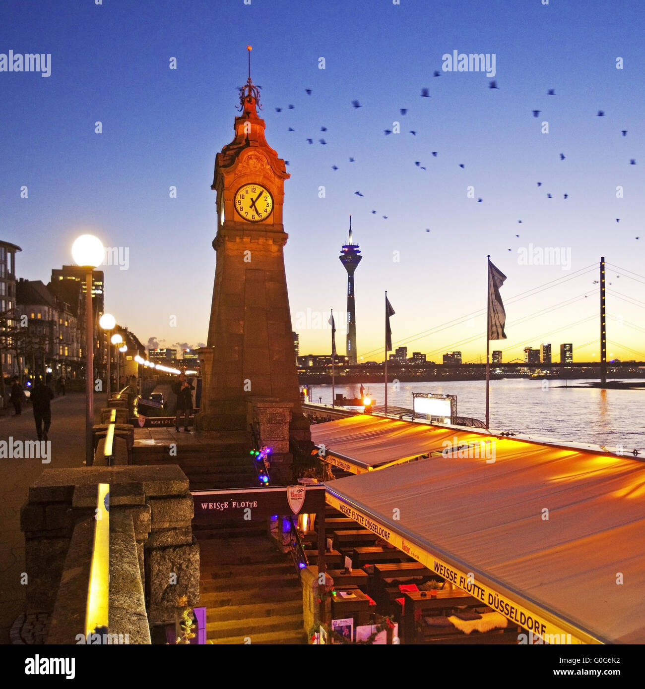 Rhine promenade, Rhine Pegeluhr, Rhine Tower and Rheinkniebruecke ...