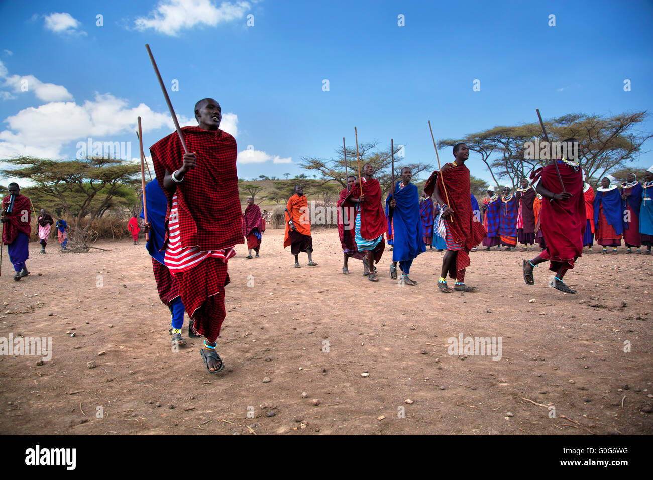 Maasai men in their ritual dance in their village in Tanzania, Africa ...