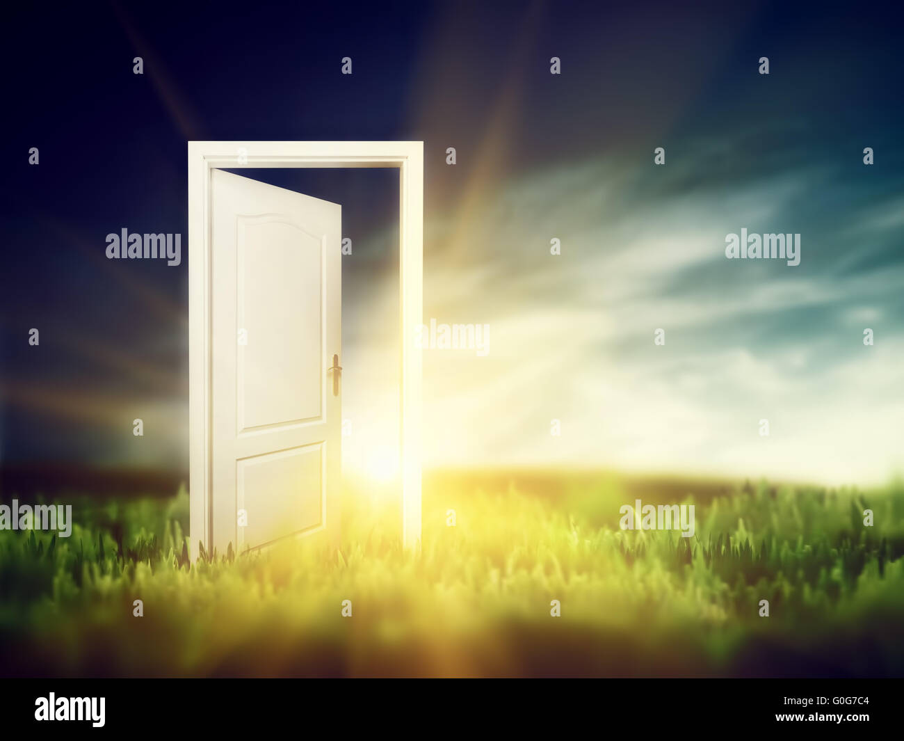 Open door on the green field. Conceptual new way Stock Photo - Alamy