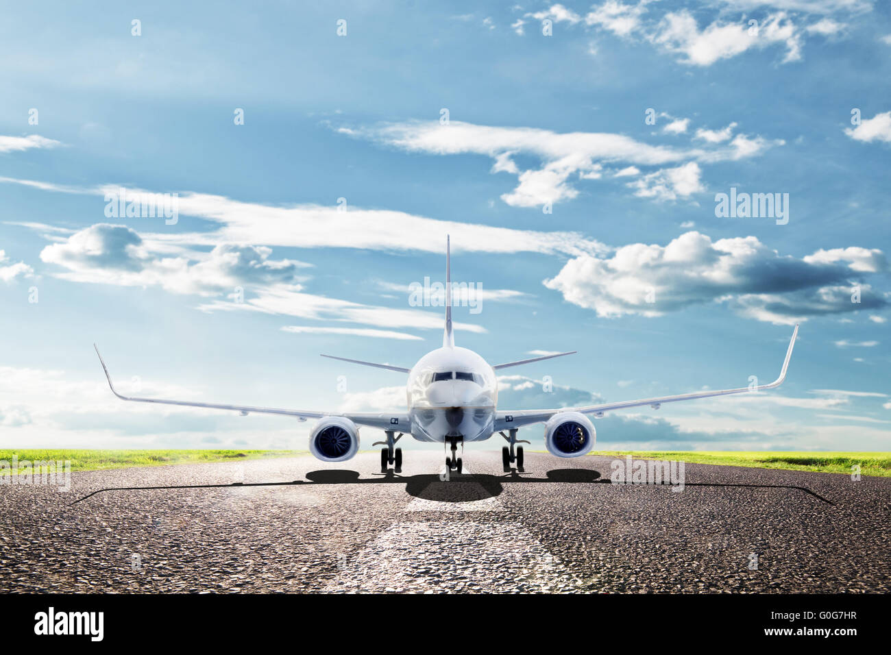 Airplane ready to take off from runway. A big passenger or cargo ...