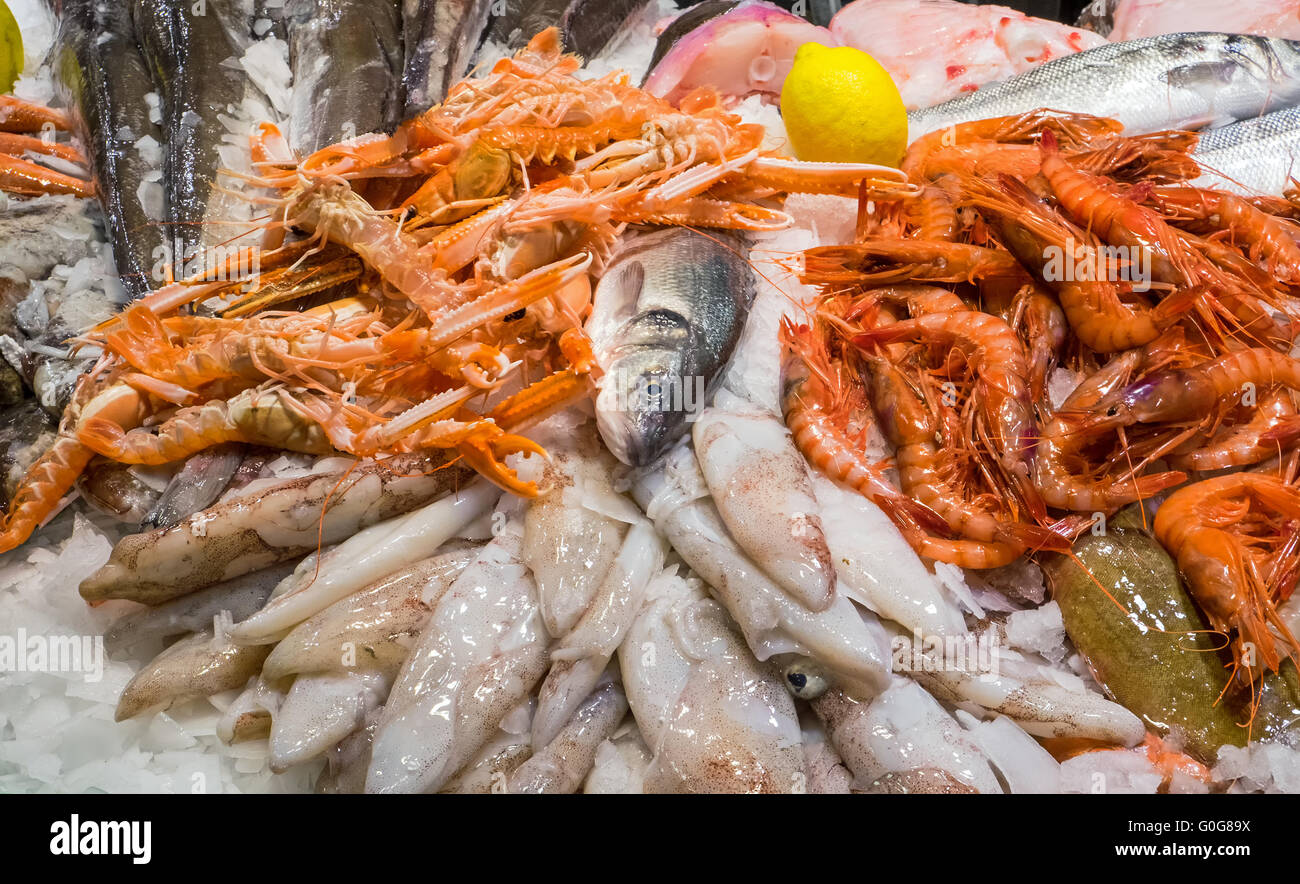 Fish and seafood at the famous Boqueria in Barcelona Stock Photo - Alamy