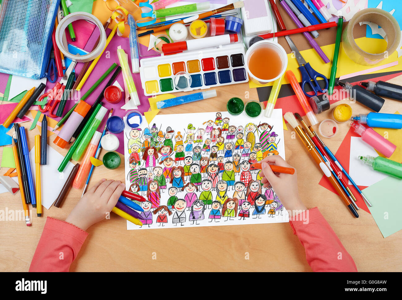 many people team group portrait child drawing, top view hands with ...