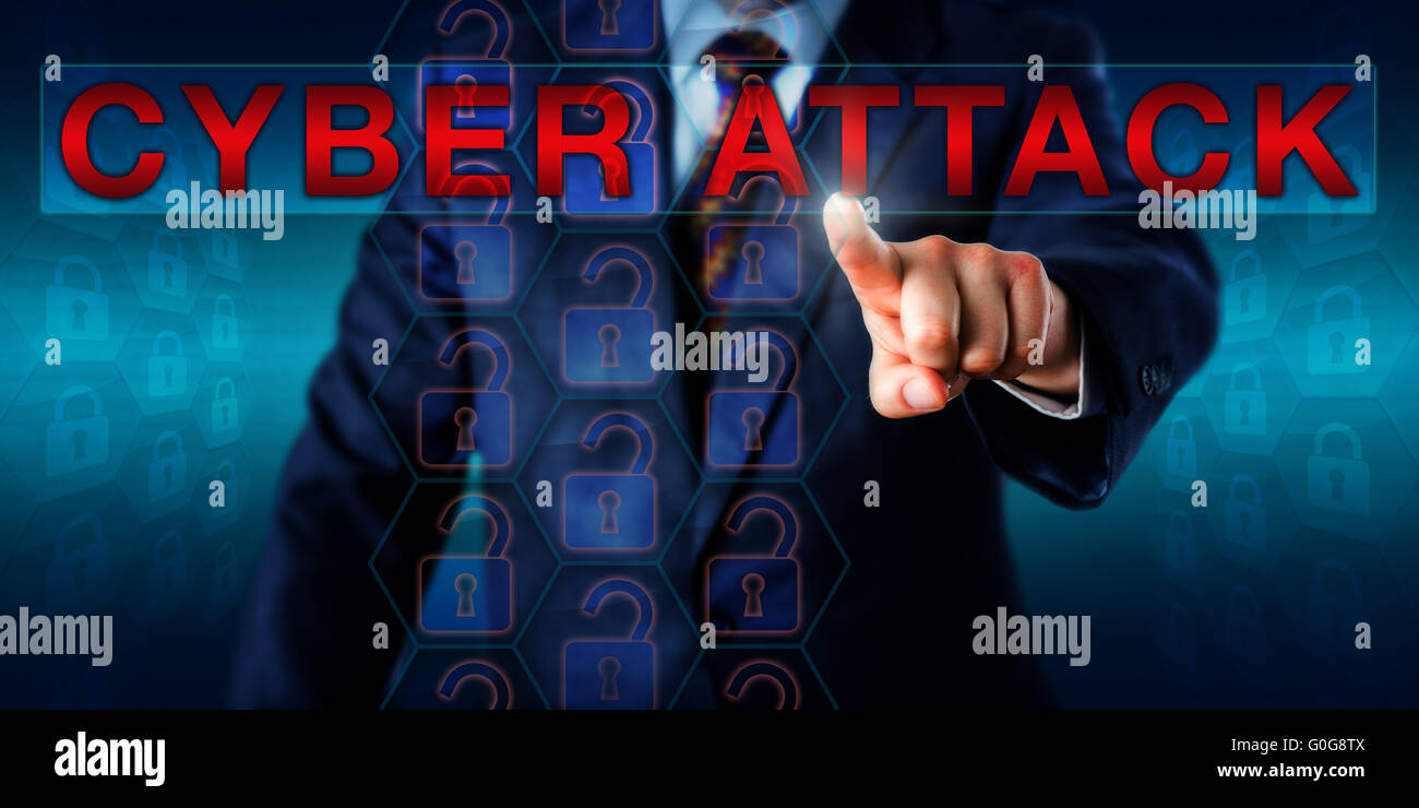 Hacker Touching The Warning CYBER ATTACK Onscreen Stock Photo - Alamy