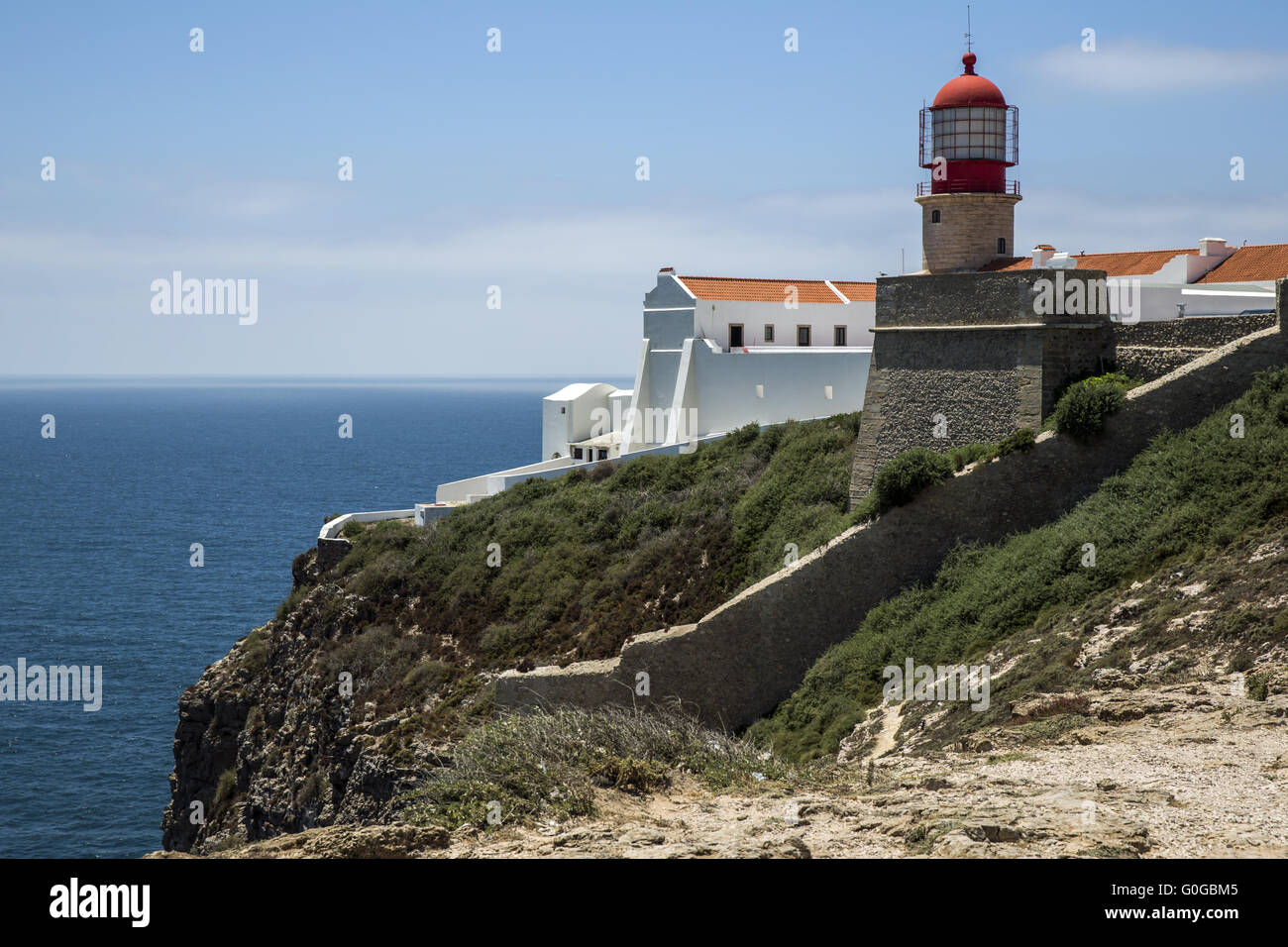 Rocky coast with lighthouse at Cabo de Sao Vicente, Algarve, Portugal ...