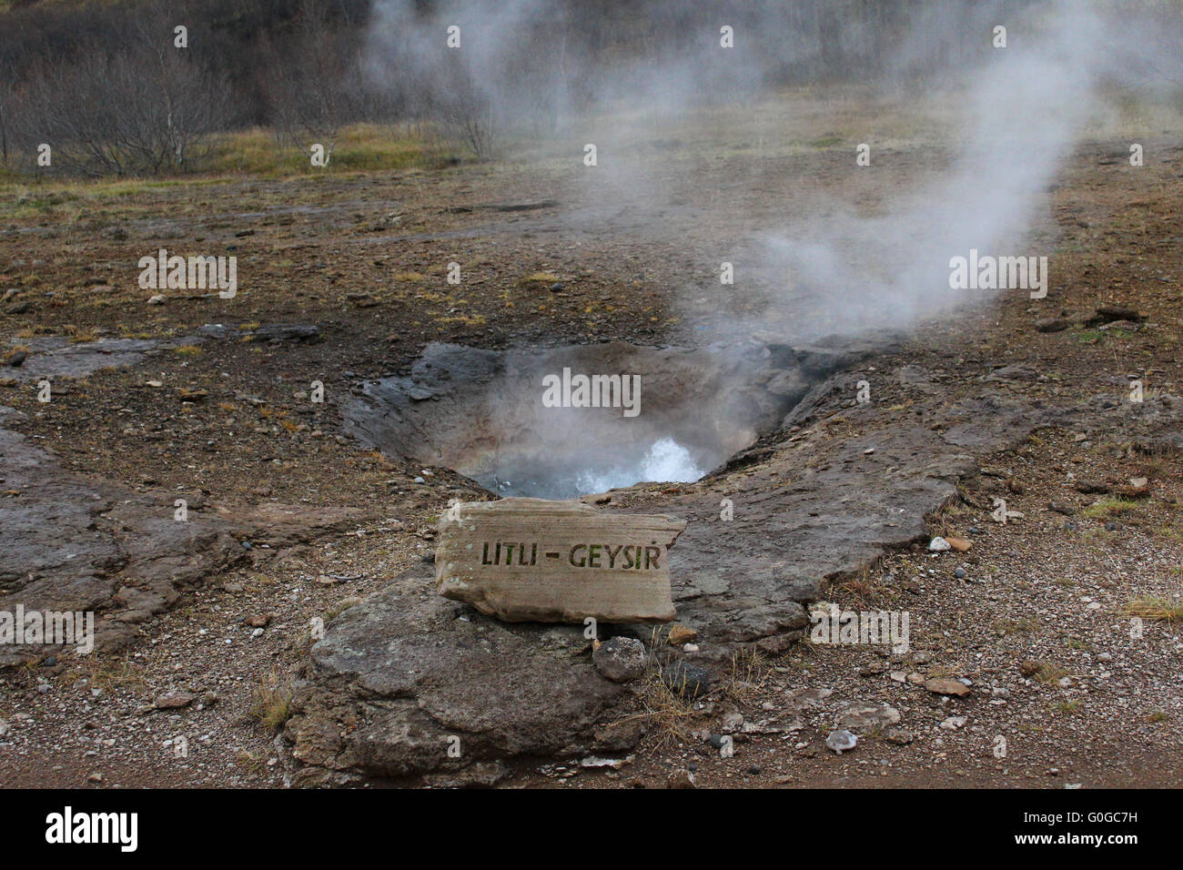 Steam rises from Litu Geysir in the Geothermal activity area at Hvítá ...