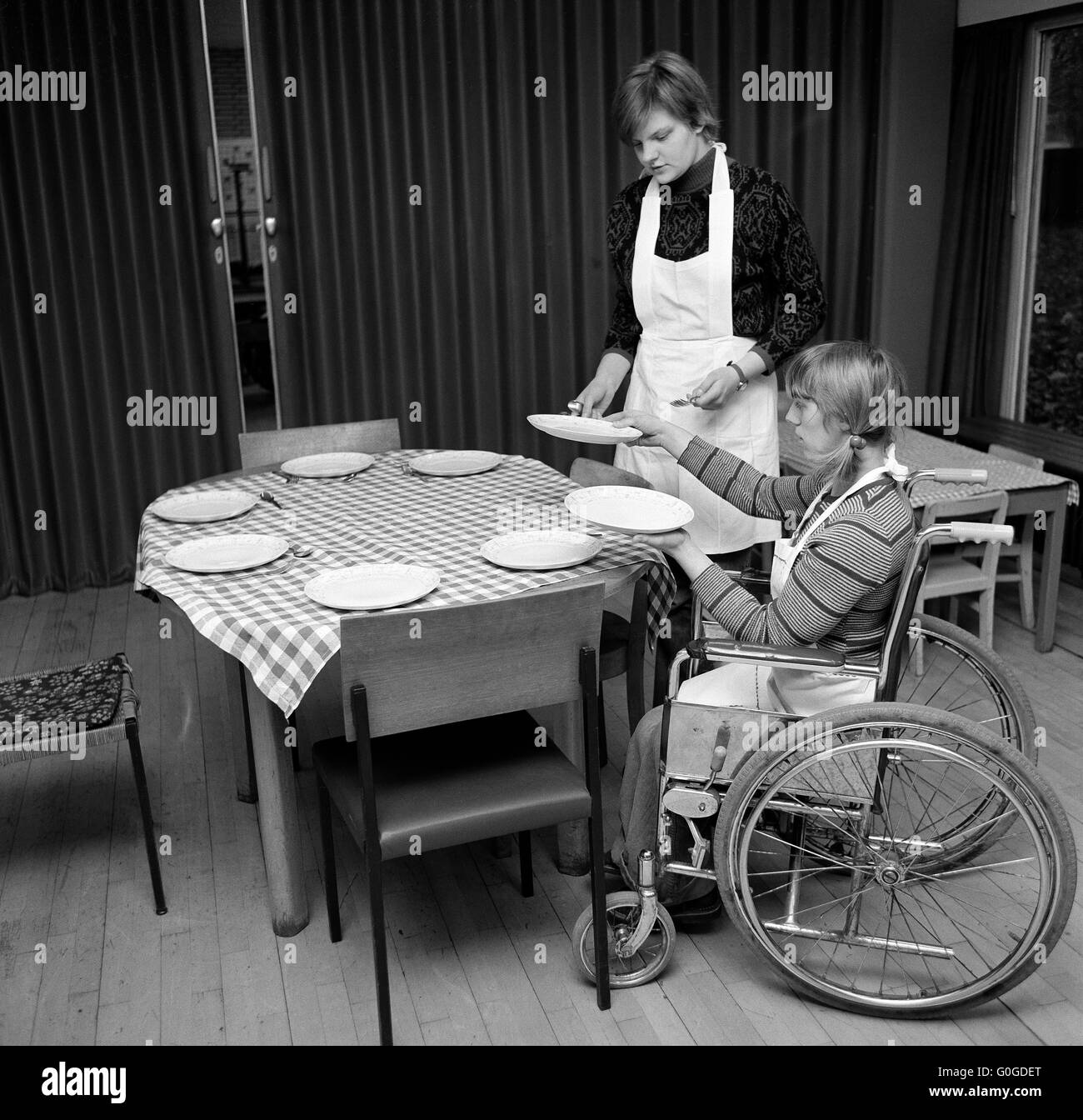 Seventies, black and white photo, people, physical handicap, school ...