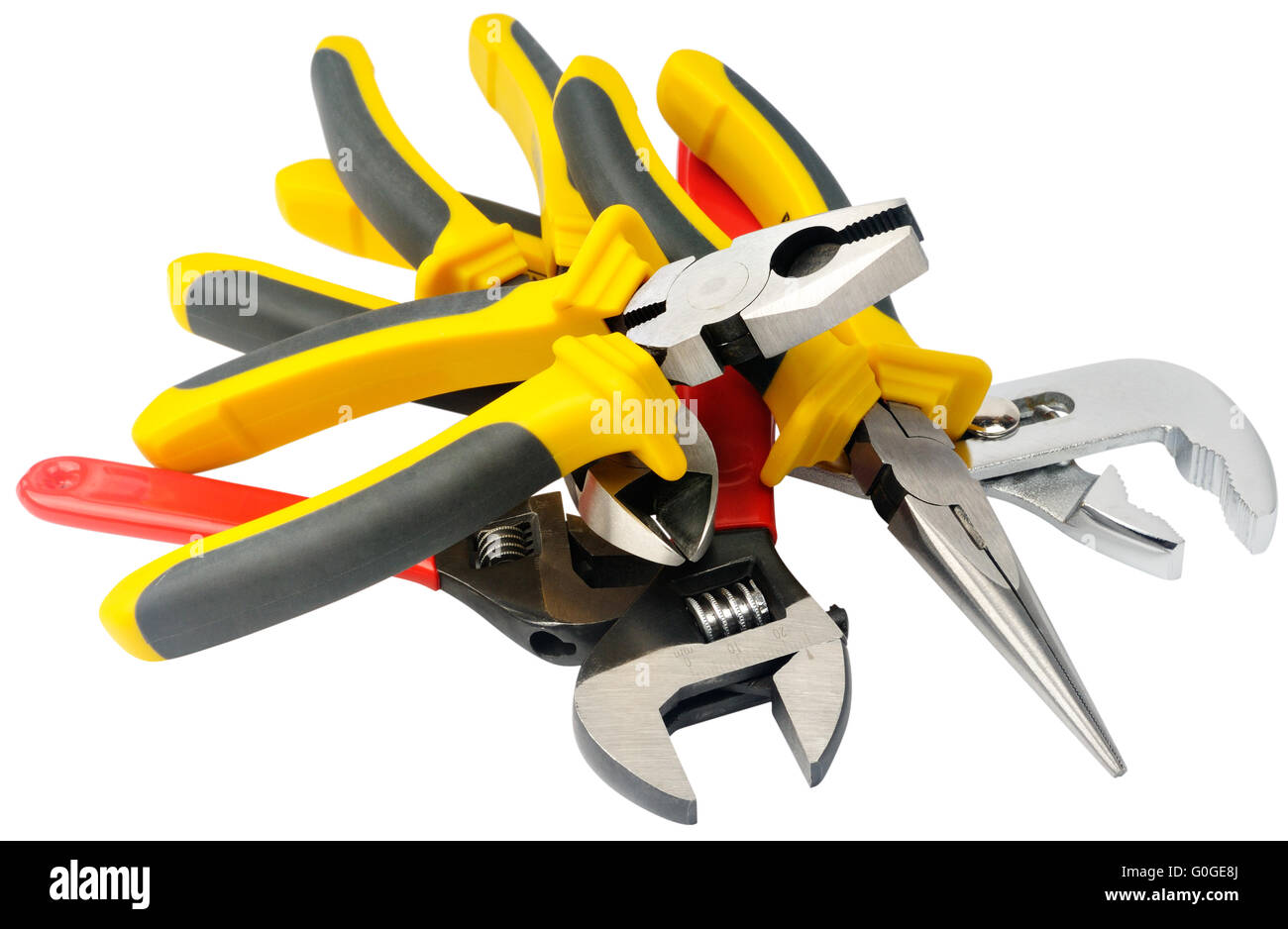 Heap of steel tools with color handles isolated on white Stock Photo ...