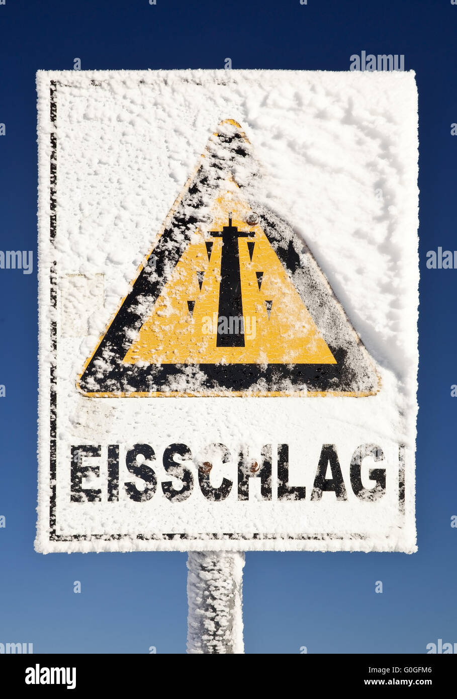warning sign against falling ice, Germany, North Rhine-Westphalia ...