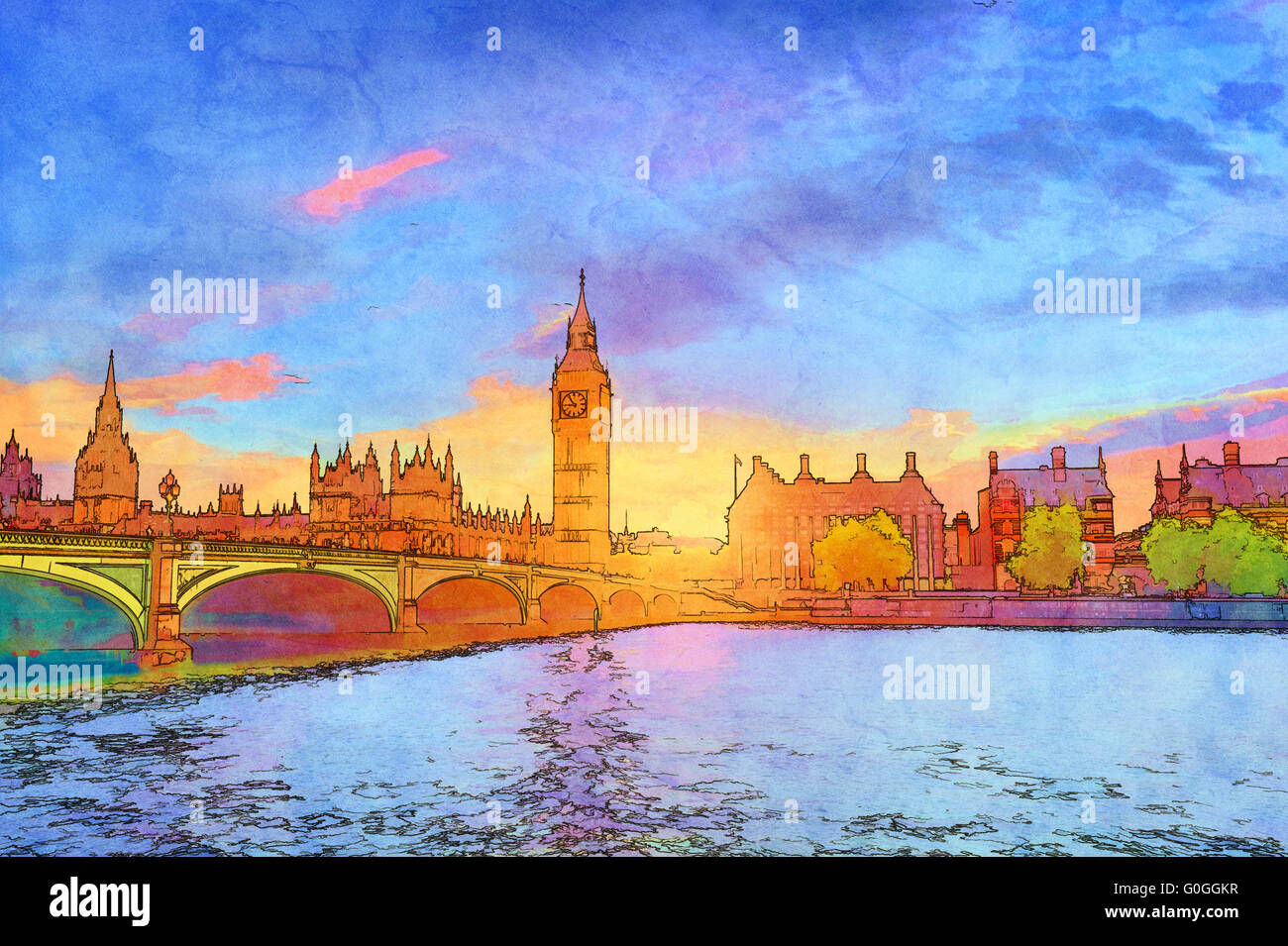 Cartoon style illustration of Big Ben and Westminster Bridge, London ...