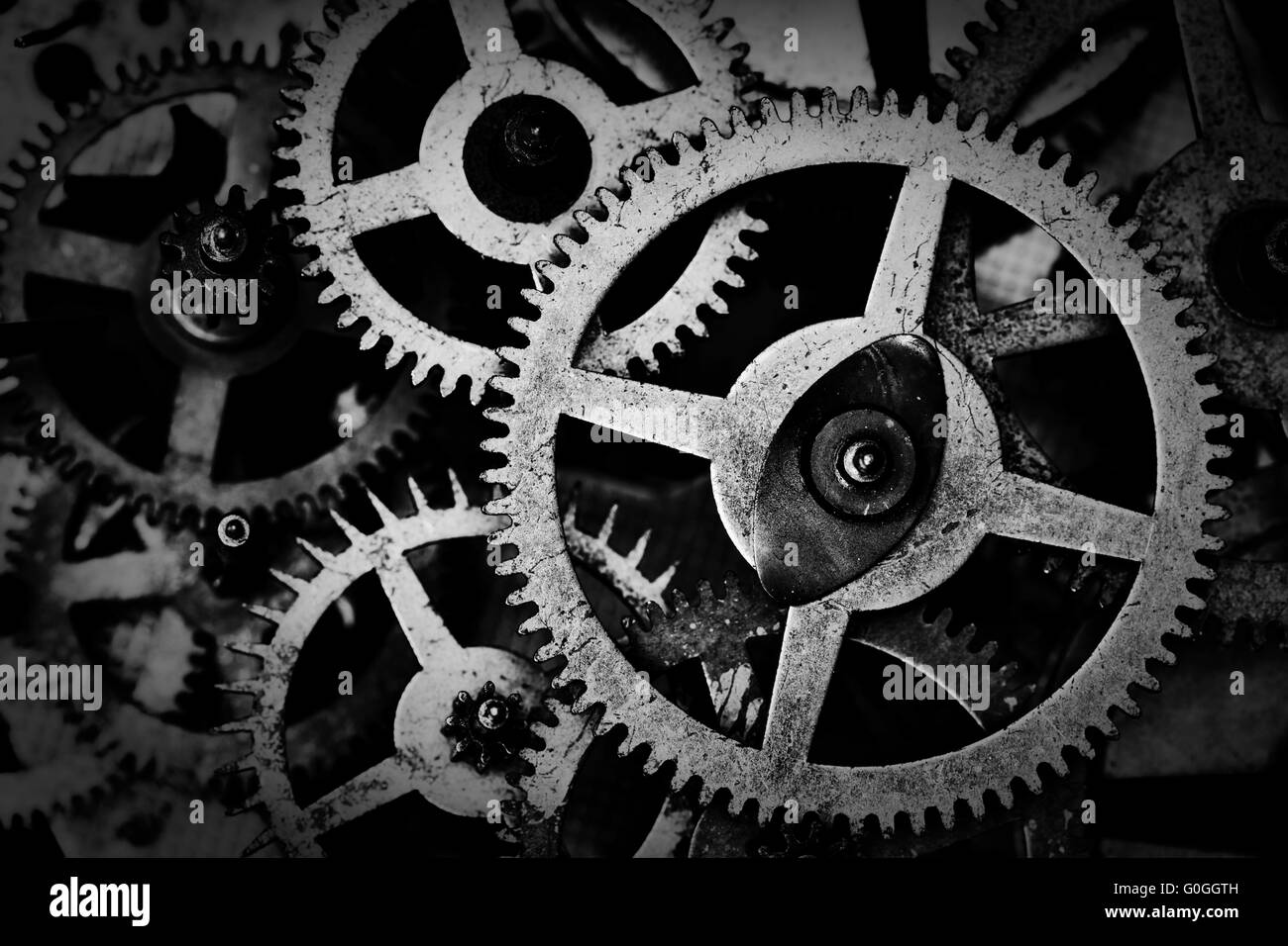 Grunge gear, cog wheels black and white background. Industrial, science ...