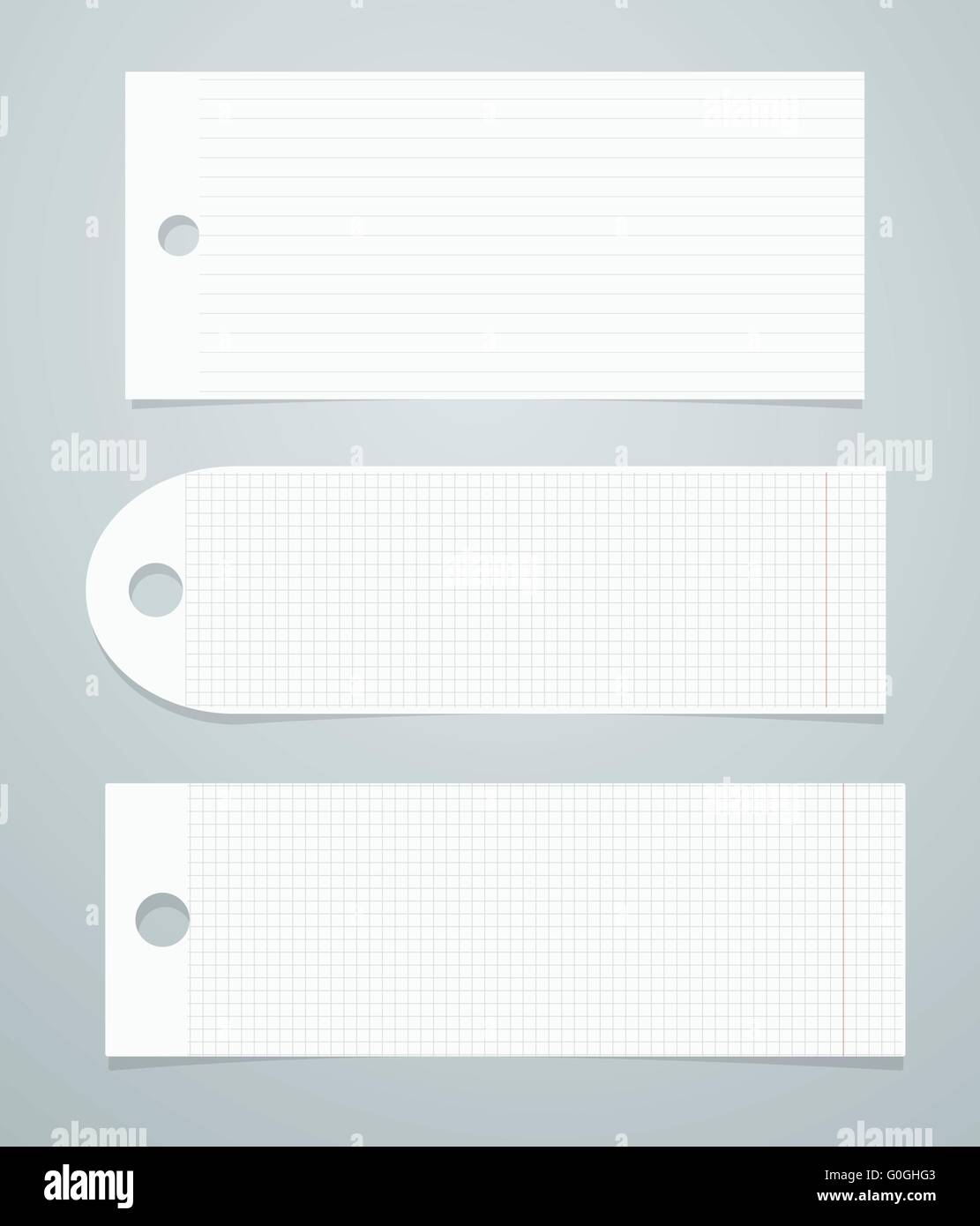 White lined and squared paper tags are stuck on light gray background ...