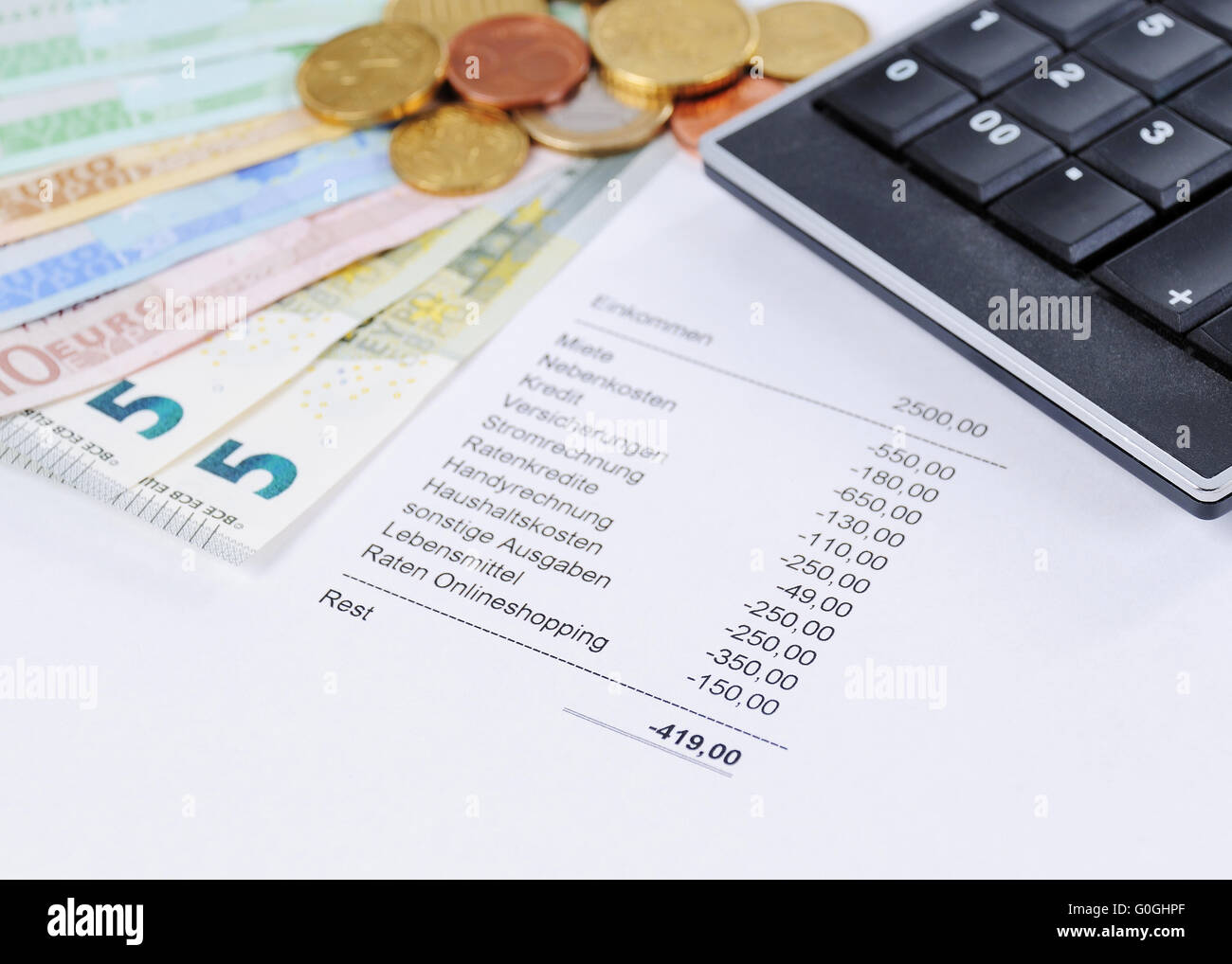 Euro bill and Coins with chart and calculator Stock Photo - Alamy