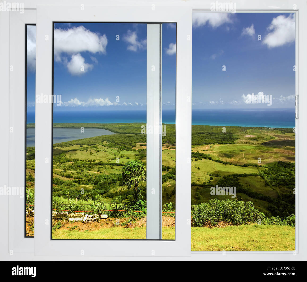 nature landscape with a view through a window with curtains Stock Photo ...