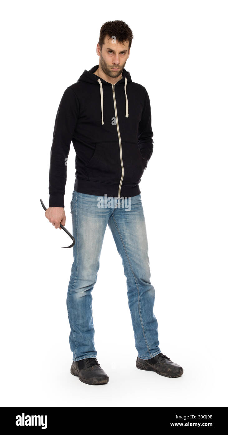 Crime concept criminal in hood crowbar in hand hi-res stock photography ...