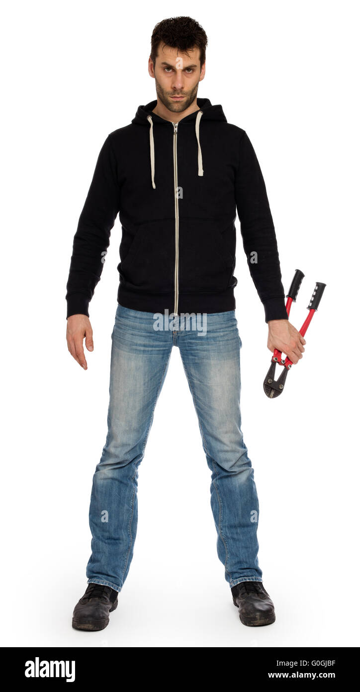 Robber with red bolt cutters, isolated on white Stock Photo - Alamy