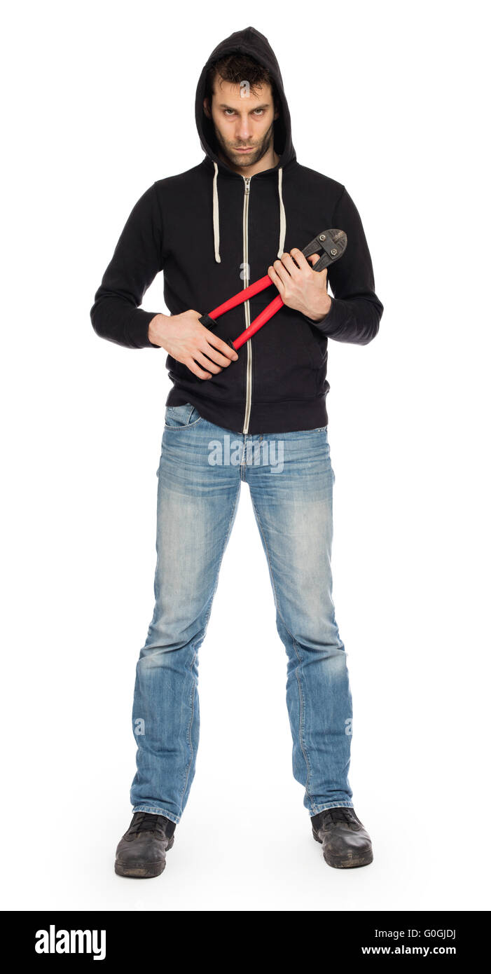 Robber with red bolt cutters, isolated on white Stock Photo - Alamy