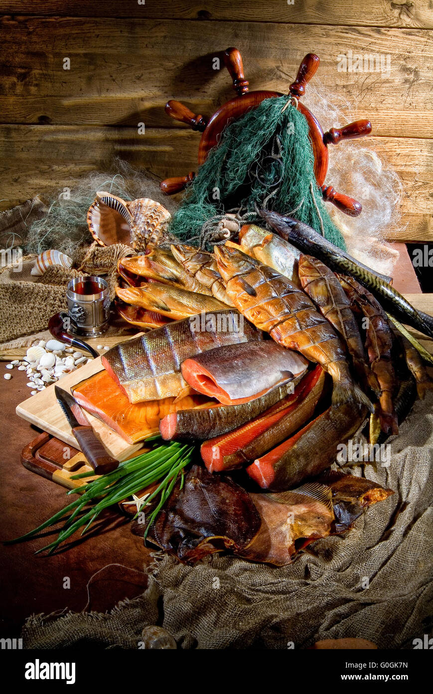 Still Life With Fish In Retro Style Stock Photo - Alamy