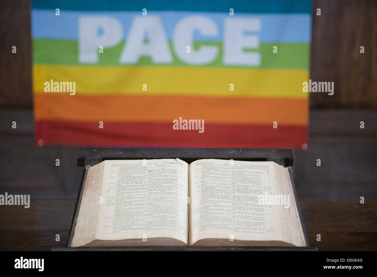 Waldensian Church in Pellice Valley with Bible and Pace Flag Stock ...