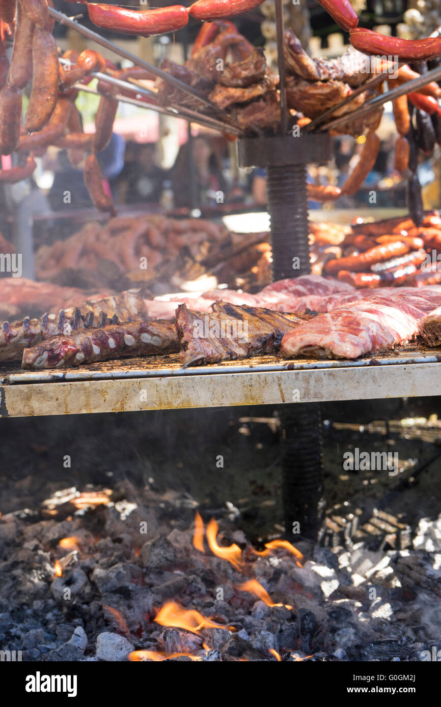 steak, medieval barbecue with sausages, octopus, meat, ribs and all ...