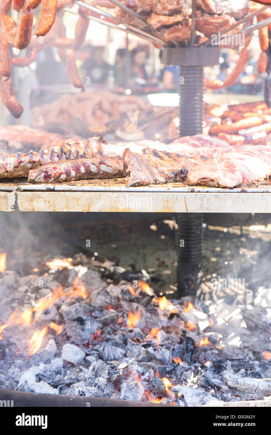 medieval barbecue with sausages, octopus, meat, ribs and all kinds of ...