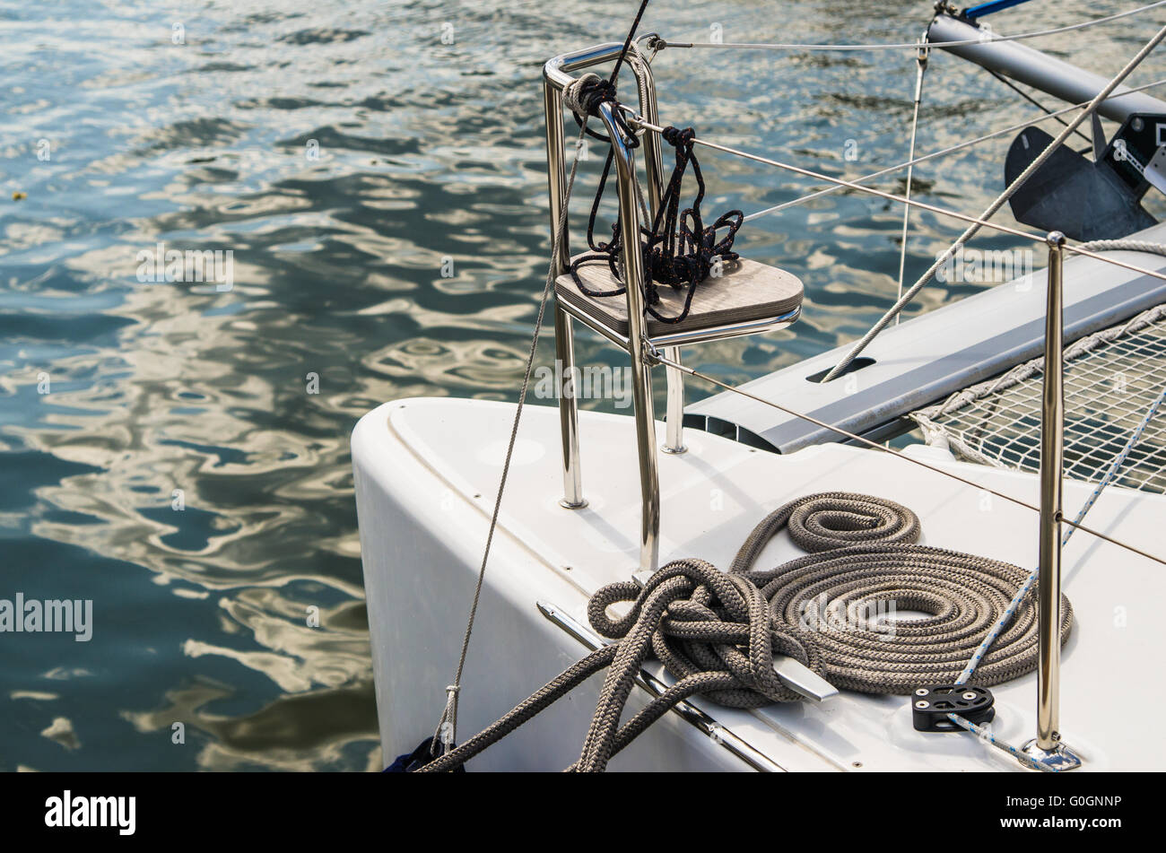 Blocks and rigging at the sailboat, close-up Stock Photo - Alamy