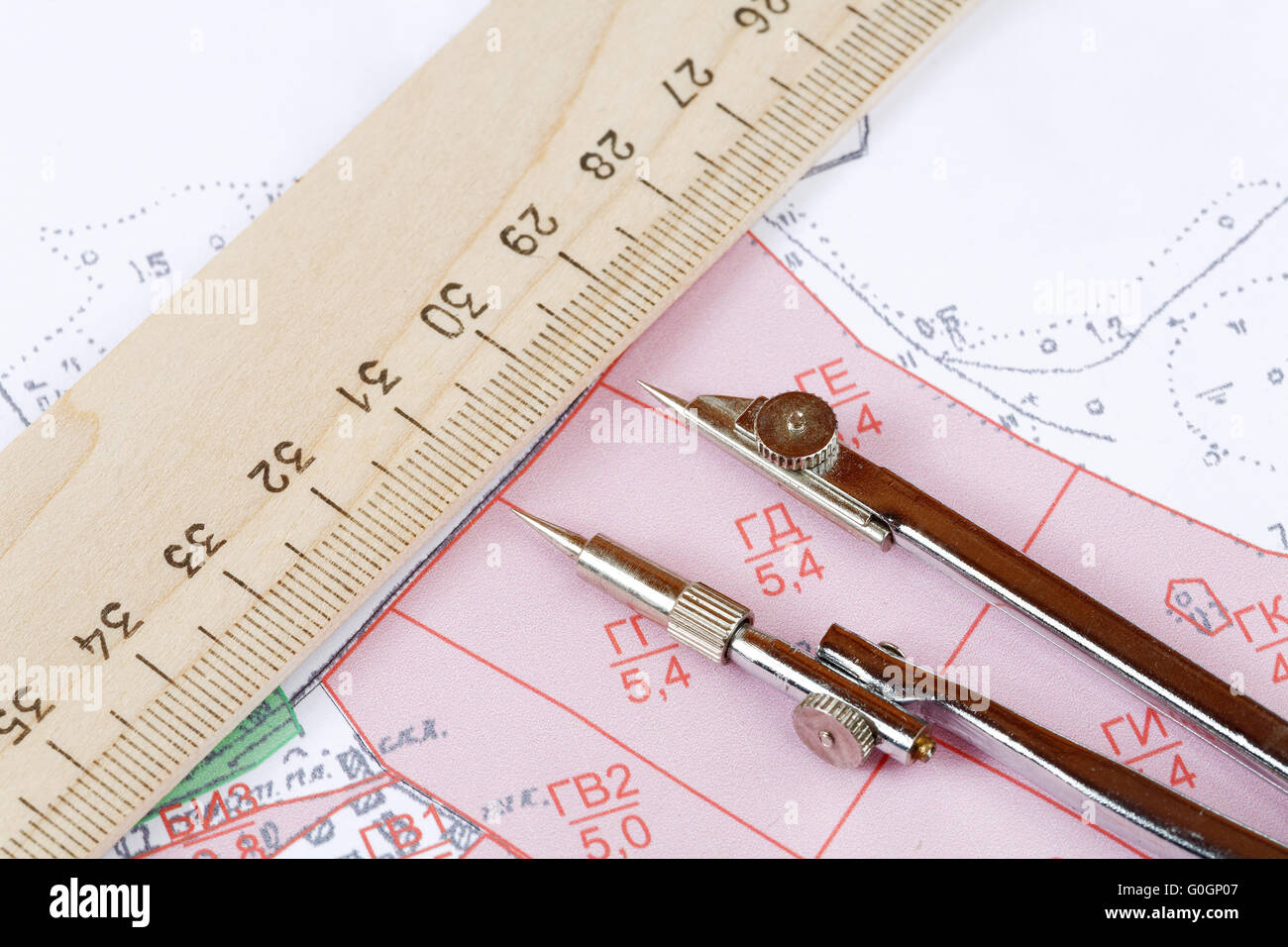 Topographic map of district with measuring instrument and ruler Stock ...