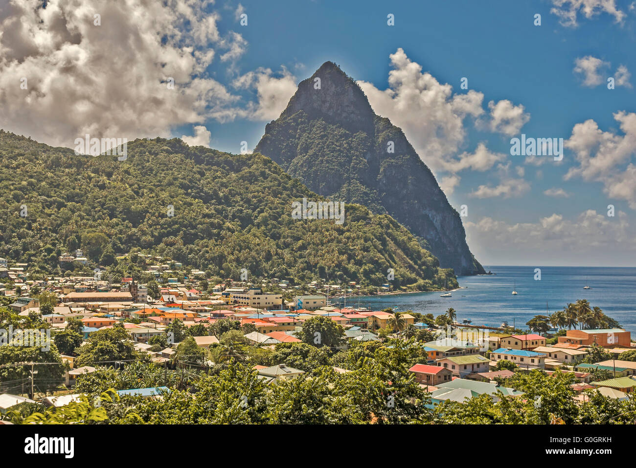 Piton and The Town Of Soufriere St. Lucia West Indies Stock Photo - Alamy