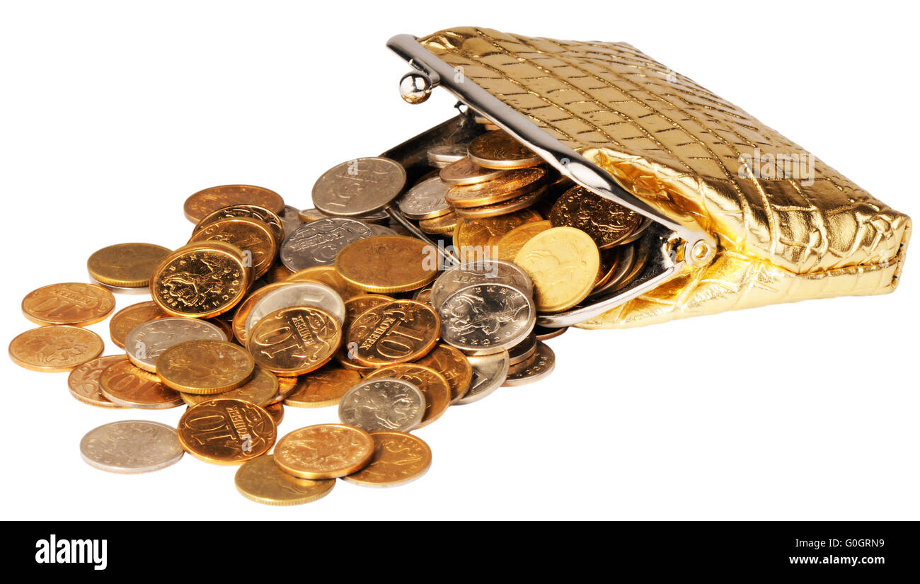 Golden wallet and scattered coins isolated on white Stock Photo - Alamy