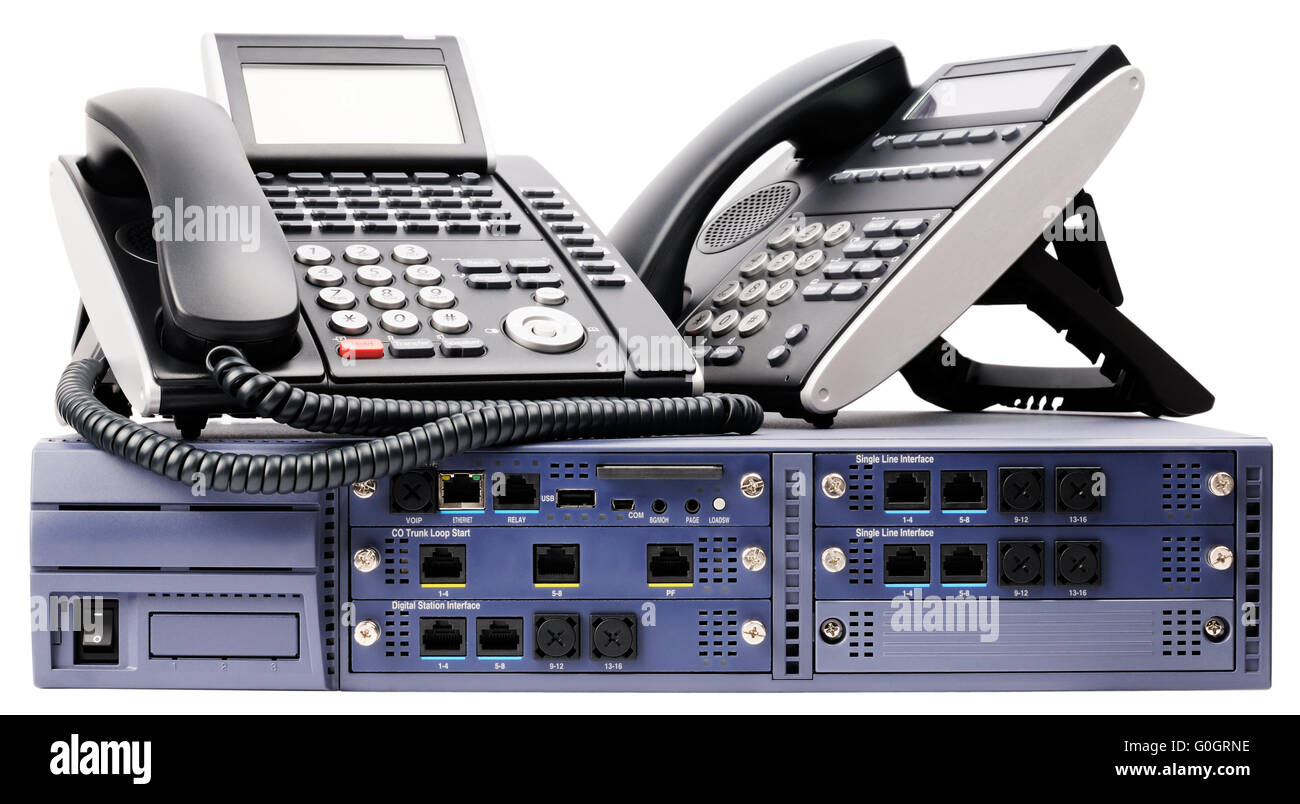 Phone switch system and digital telephones isolated on white Stock ...