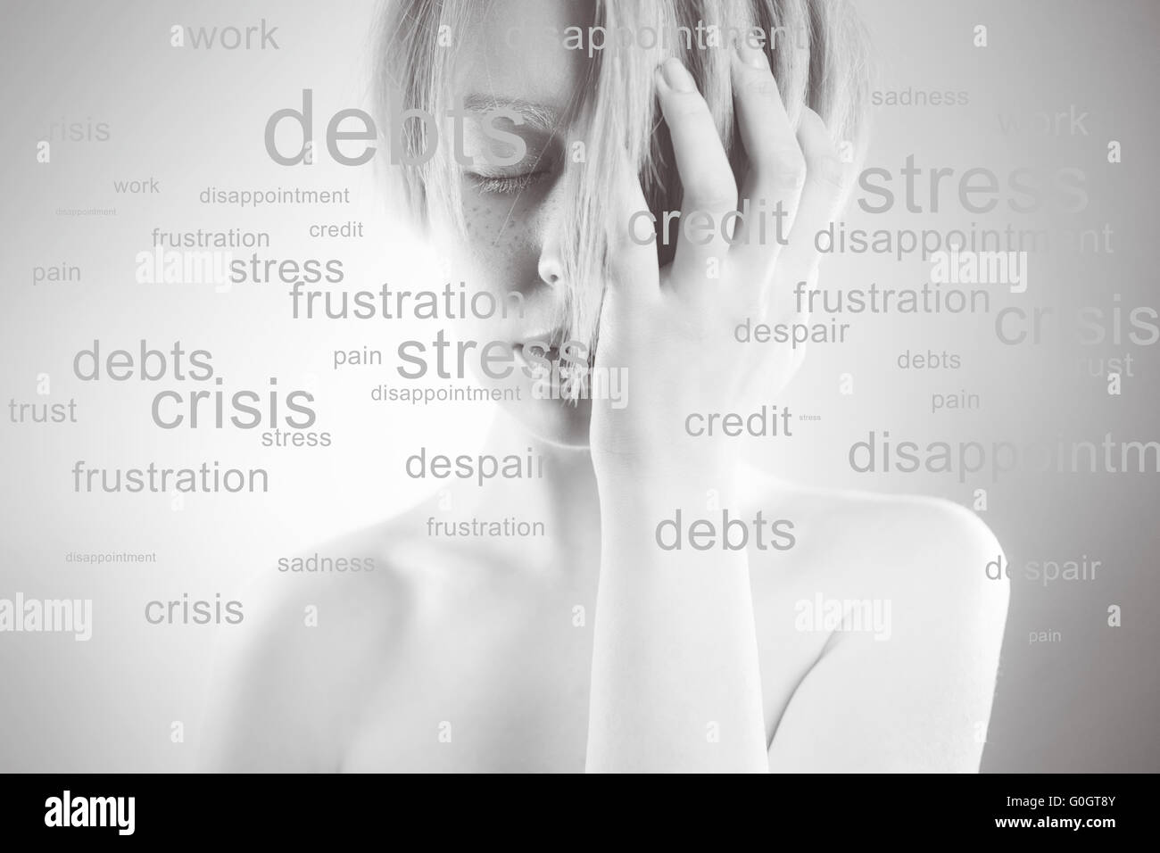 Stressed woman. Conceptual image, portrait of girl, many problems ...