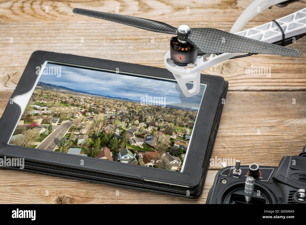drone aerial photography concept - reviewing aerial picture of ...