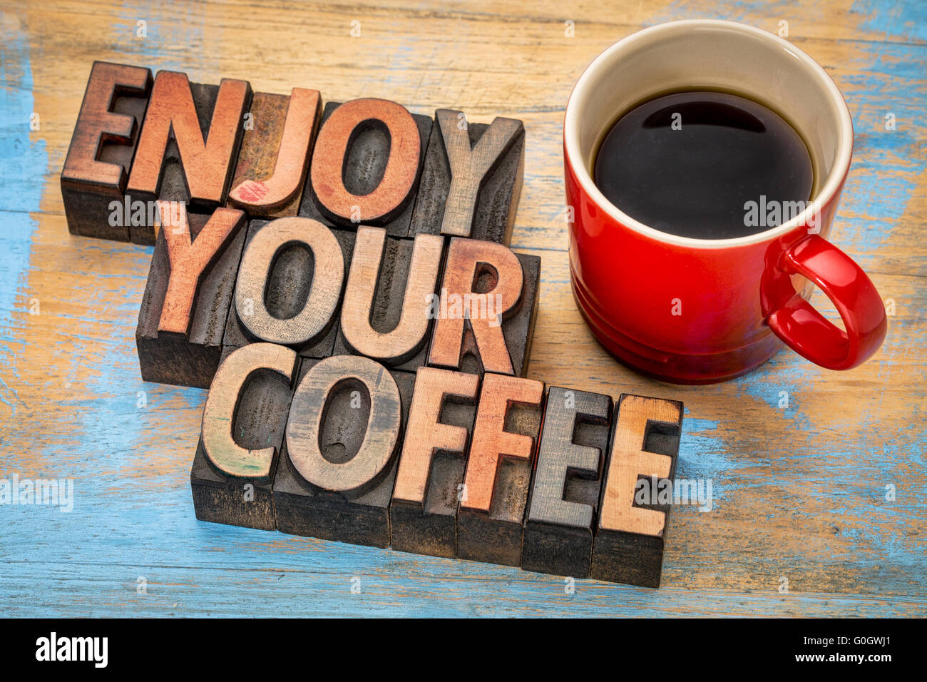 enjoy your coffee - text in vintage letterpress wood type printing ...