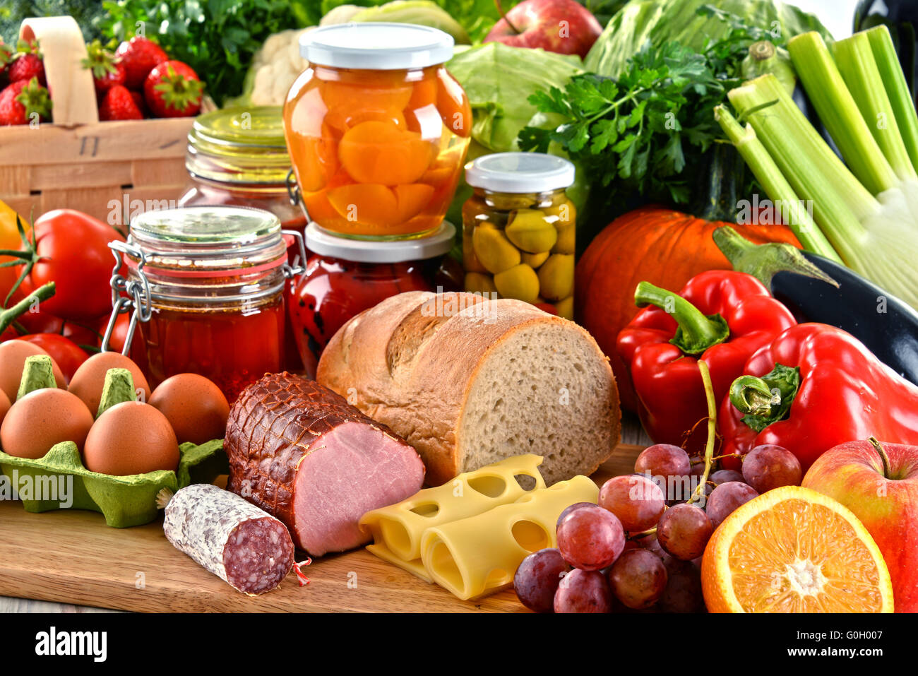 Composition with variety of organic food. Balanced diet Stock Photo - Alamy