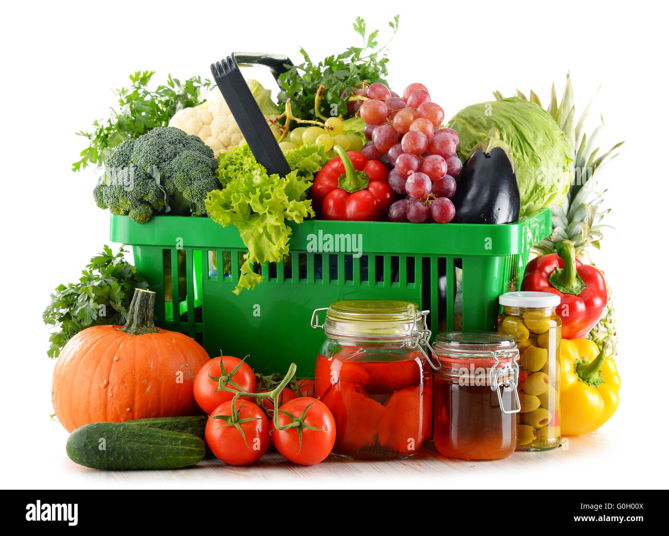 Composition with organic food isolated on white background. Balanced ...